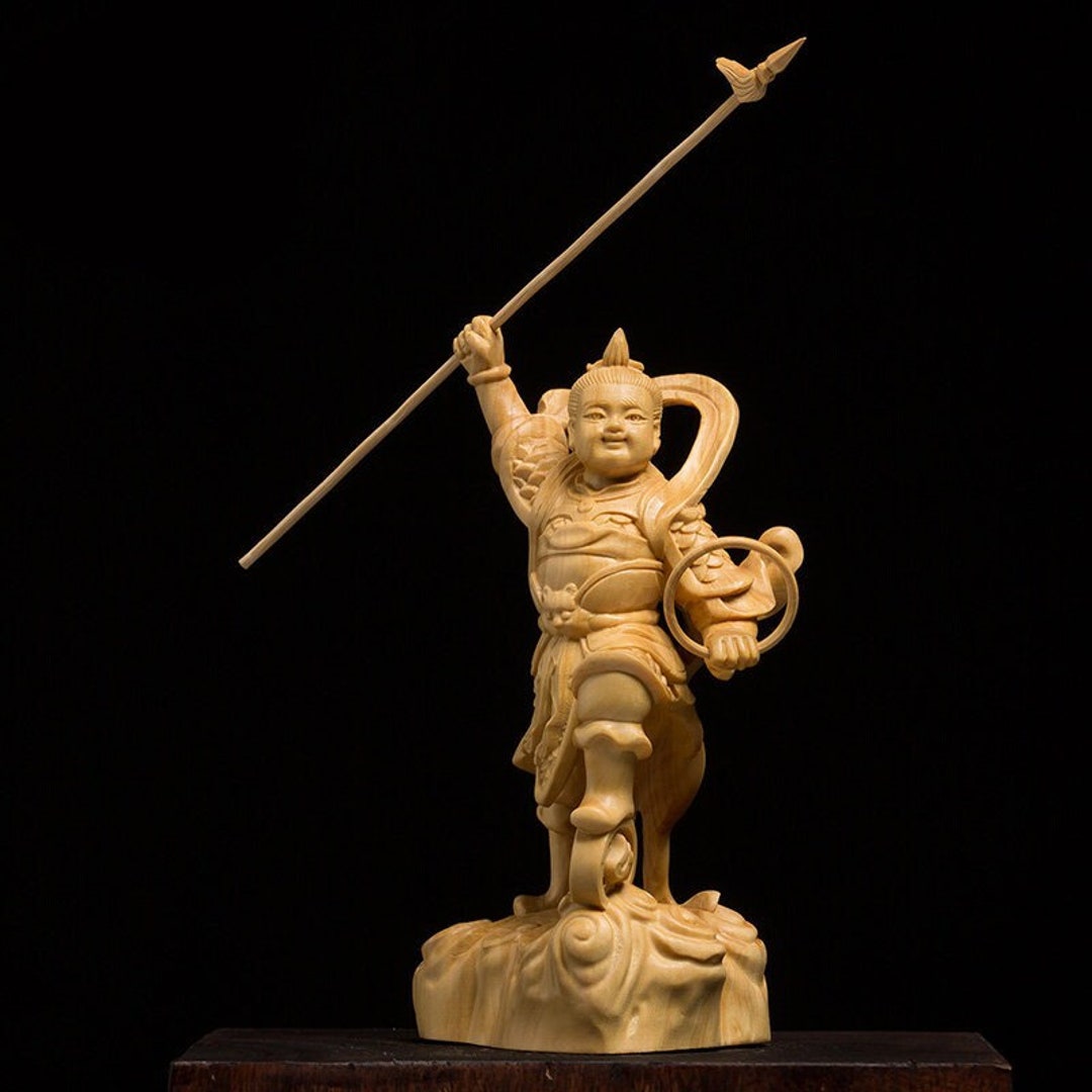 Mythological Nezha Statue Angel Conquering Dragon King, Folk Art Wood ...