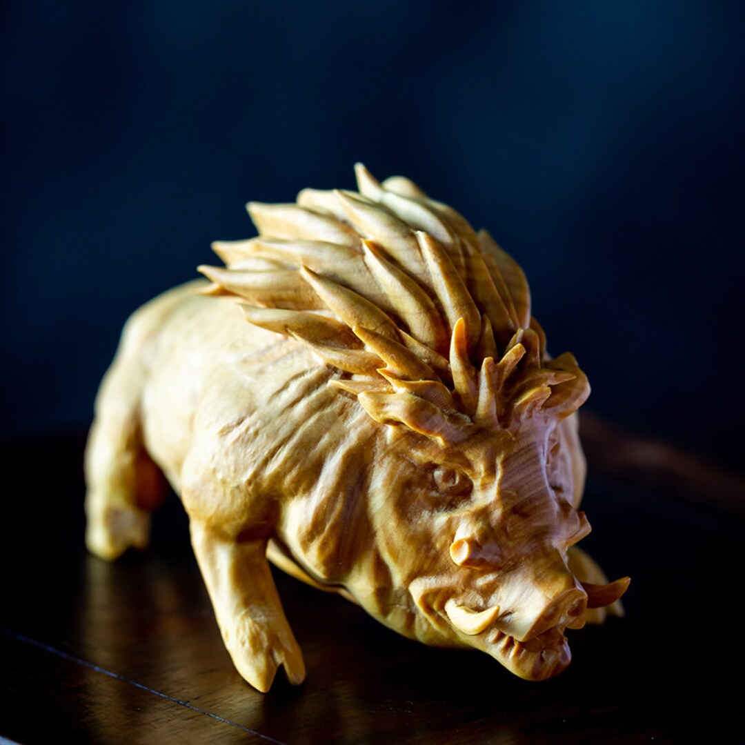Mountain Pig Wild Boar Statue, Solid Wood Zodiac Animal Carving, Unique ...