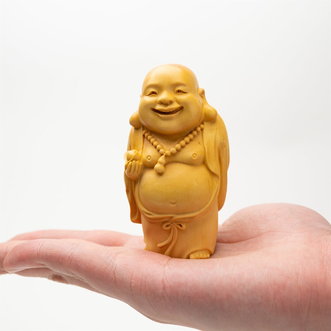 Happy Buddha Wooden Carving, Lucky Yuanbao Opening Gift Cute Solid Wood ...