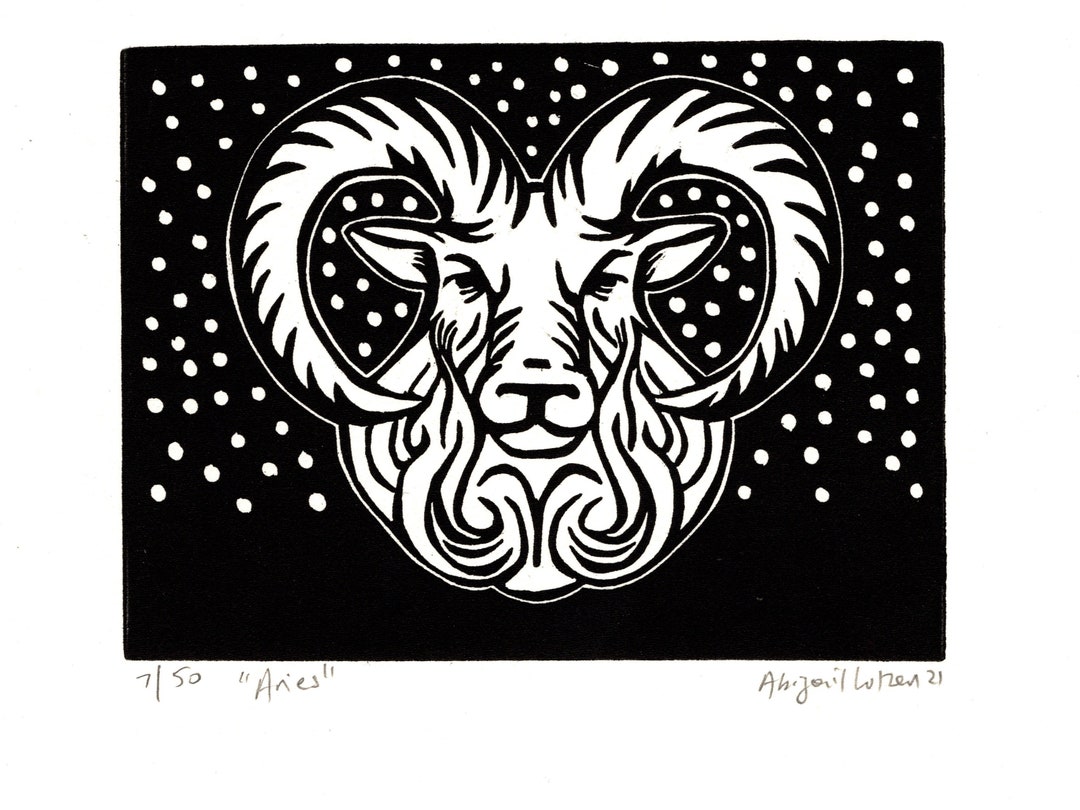 Aries Linocut Print / Wall Art Gift Zodiac Sign Gift / Original Linocut ...