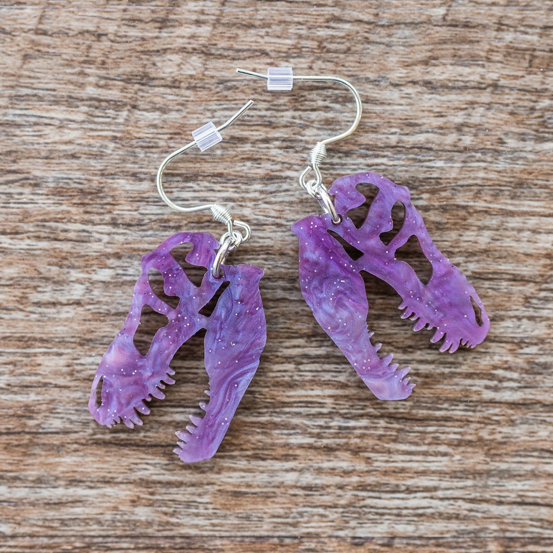 Trex Skull Dangle Earrings, Purple Glitter Dino Skull Earrings ...