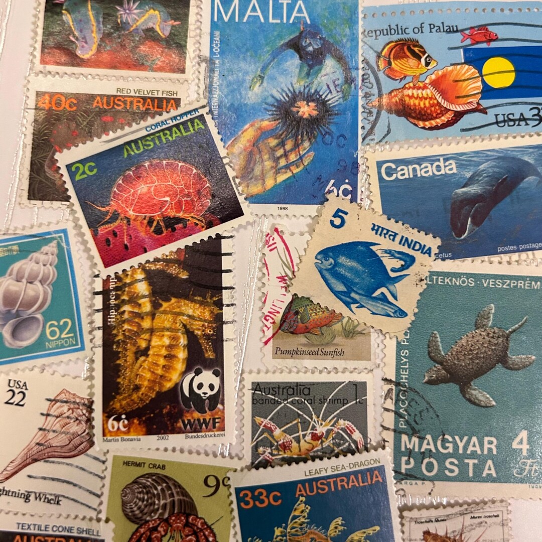 Set of 20 Fish & Shell Stamps – Vintage Stamp Lot for Junk Journals ...
