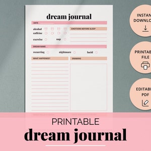 Printable Dream Journal, Digital Dream Journal, Dream Log - Printable ...