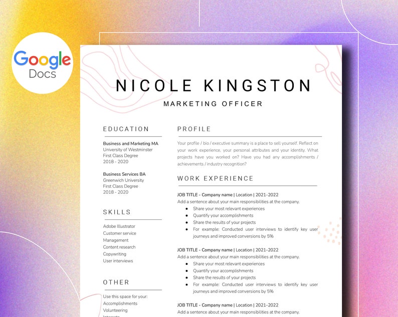 Google Docs Resume Template + Cover Letter, Creative Resume CV Template ...