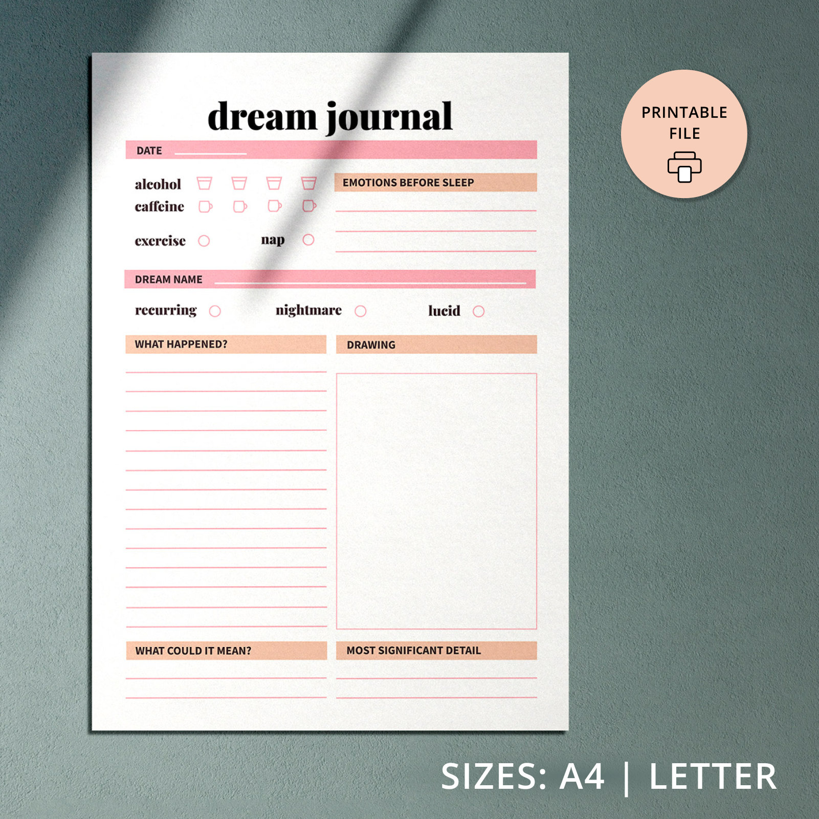 Printable Dream Journal, Digital Dream Journal, Dream Log - Printable ...