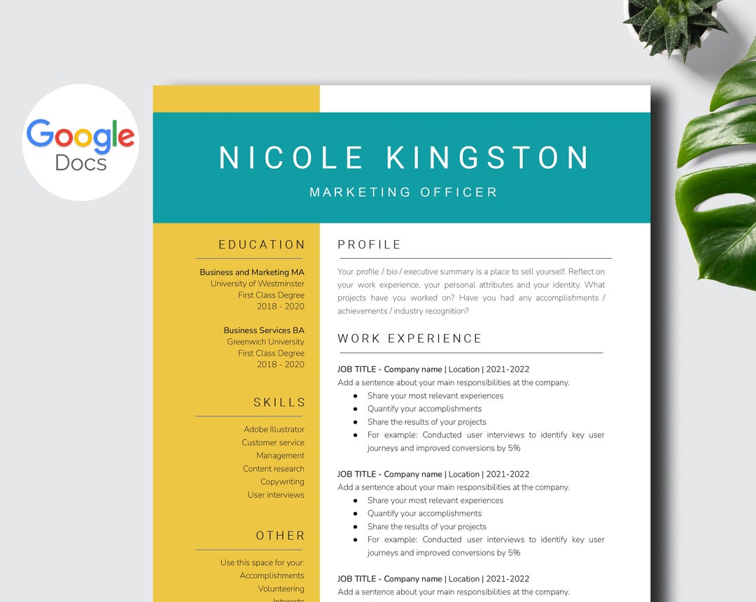 Google Docs Resume Template + Cover Letter, Modern Colourful Resume CV ...