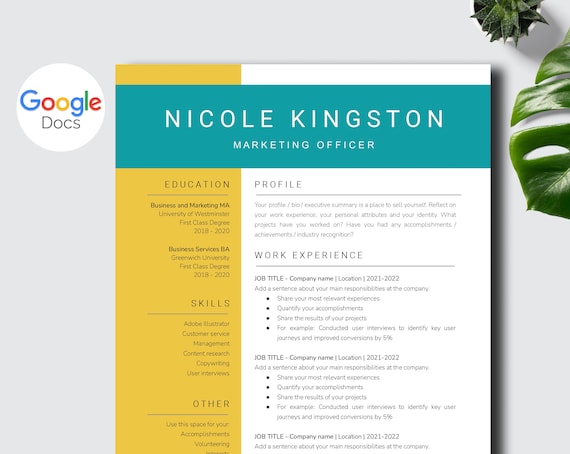 Google Docs Resume Template Cover Letter Modern Colourful | Etsy