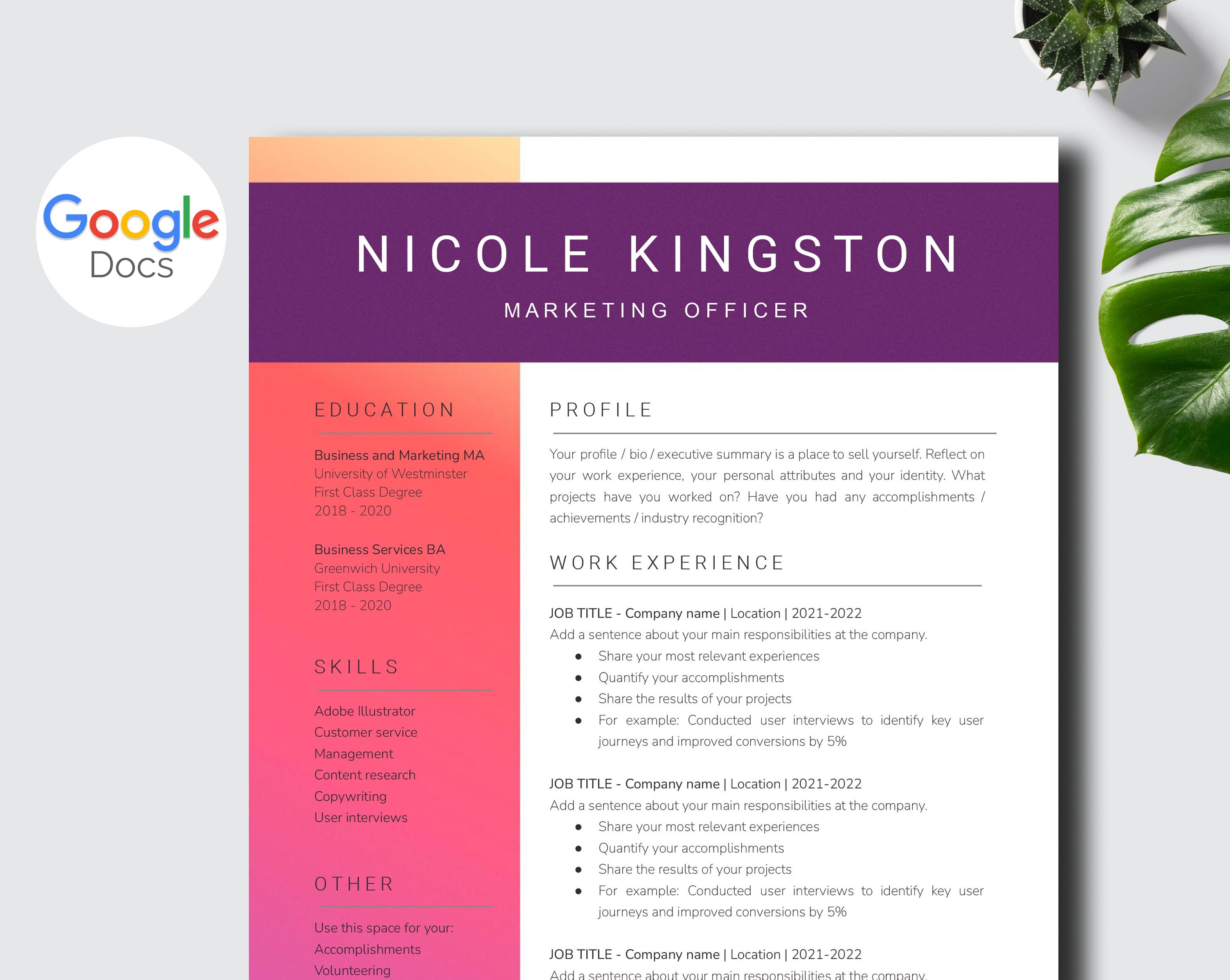 Creative Resume Template + Cover Letter | Colourful Editable Resume CV ...