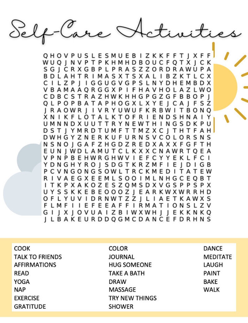 Self Care Activity, Anxiety Relief, Word Find, Word Search, Coping ...