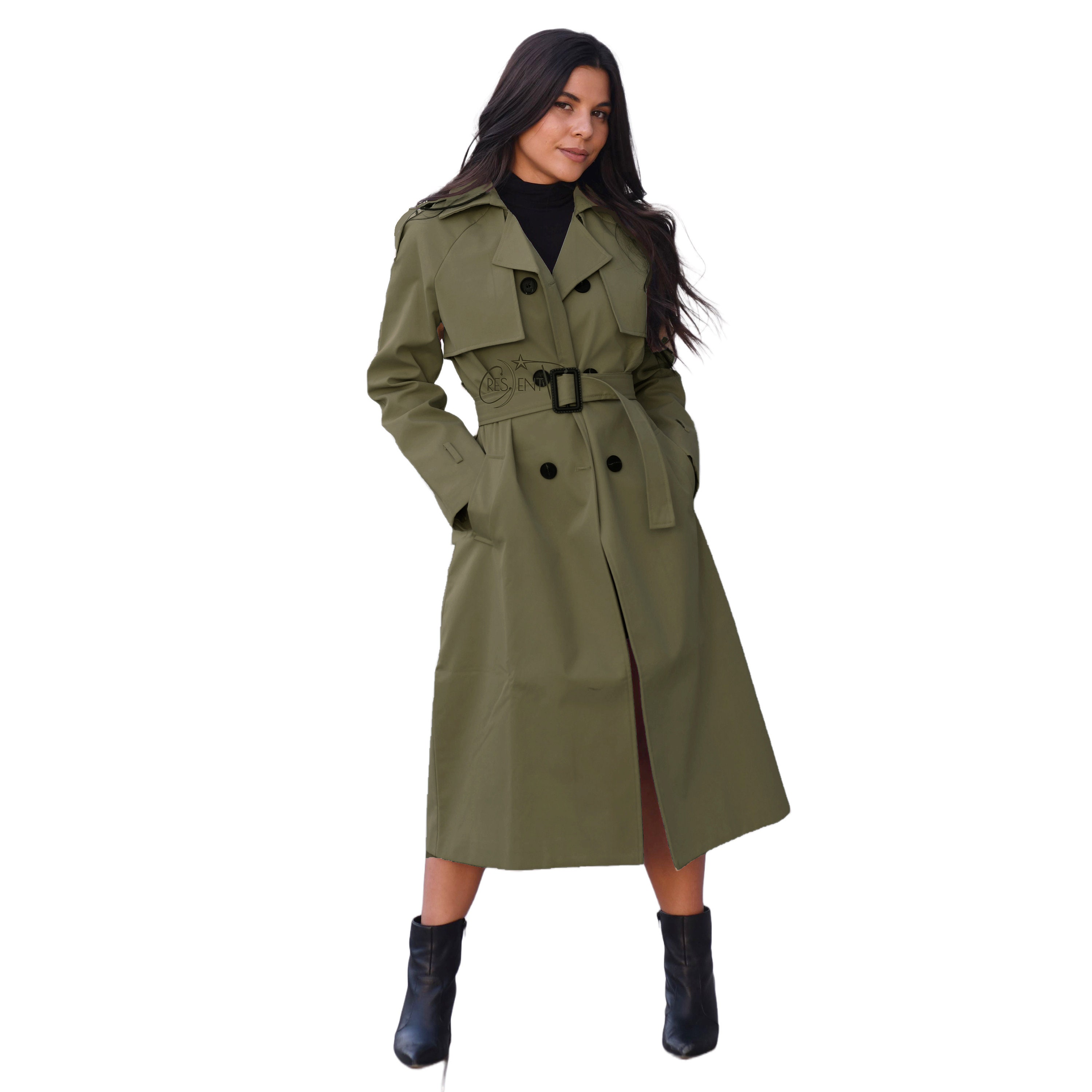 Classic Luxury Trench Coat for Women - Army Green Waterproof Wind ...