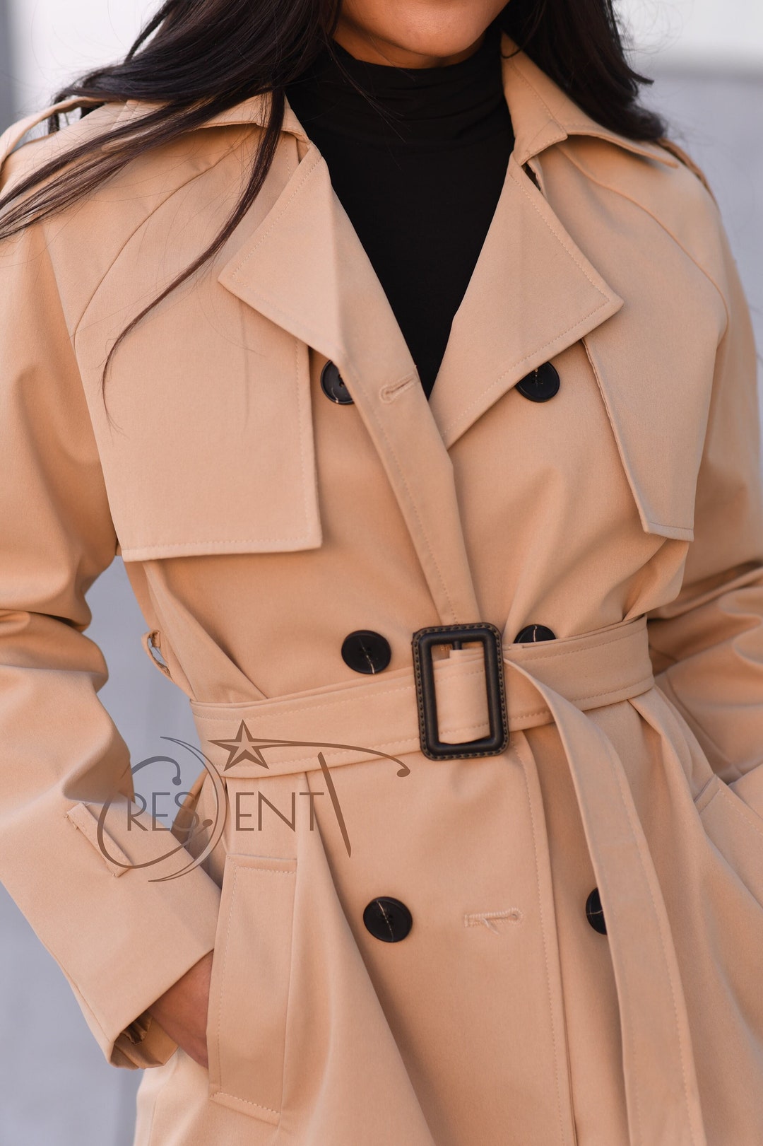 Classic Women's Khaki Double Breasted Cotton Blend Trench Coat, Spring ...