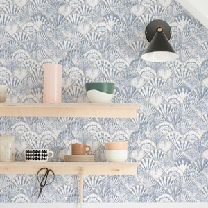 Scallop Shell Pattern Wallpaper - Blue White Gold Sea Shell Peel and ...