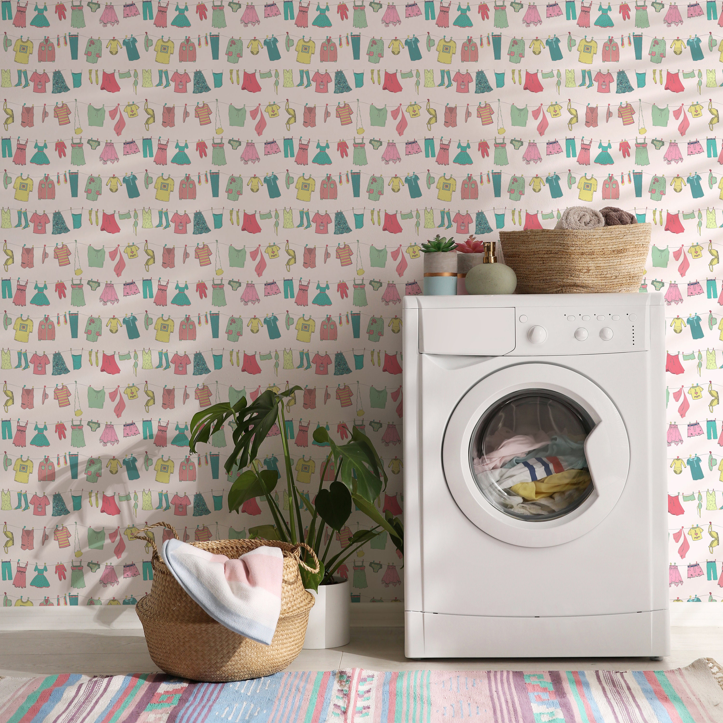 Laundry Room Wallpaper - Clothes on Washing Line Peel and Stick ...