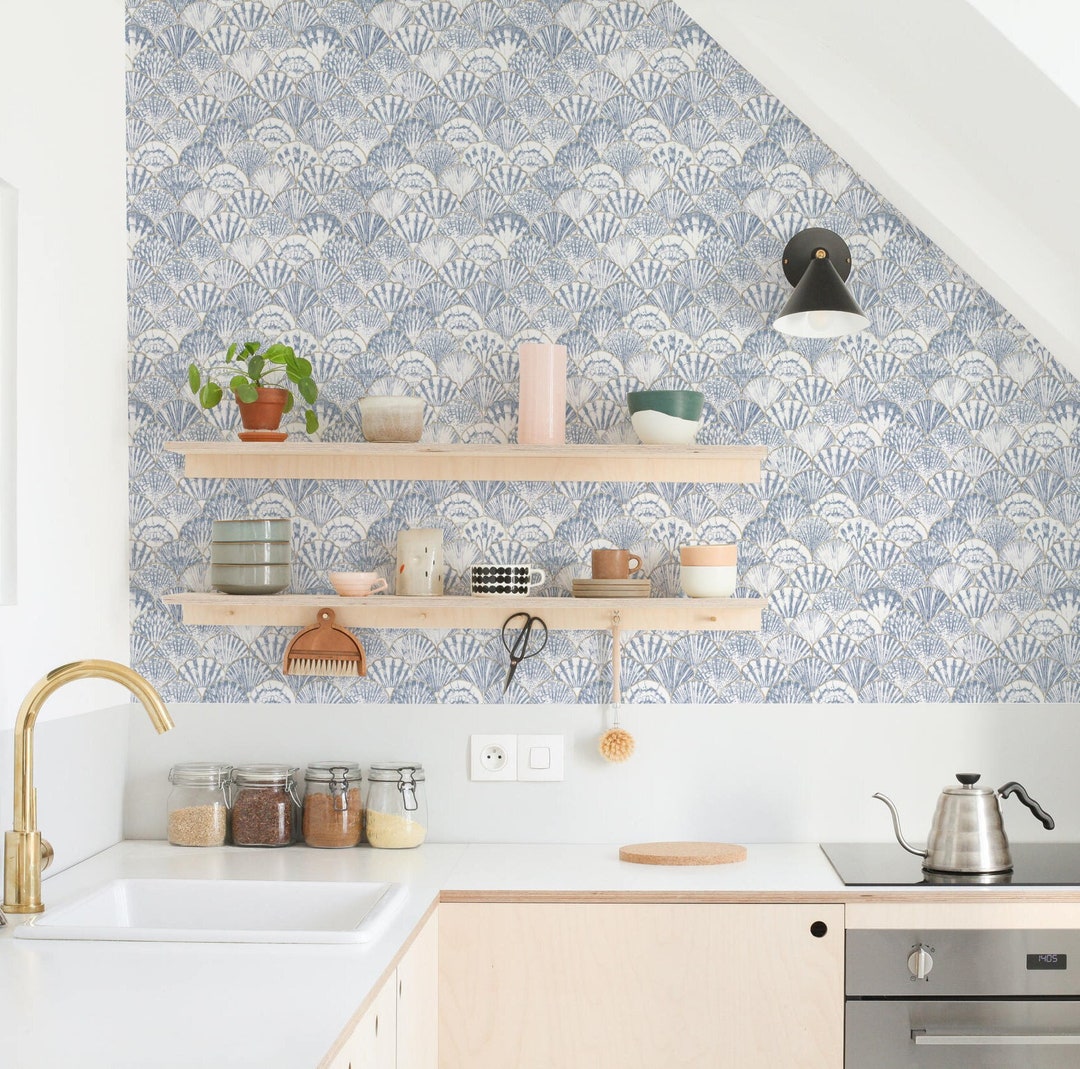 Scallop Shell Pattern Wallpaper Blue White Gold Sea Shell - Etsy