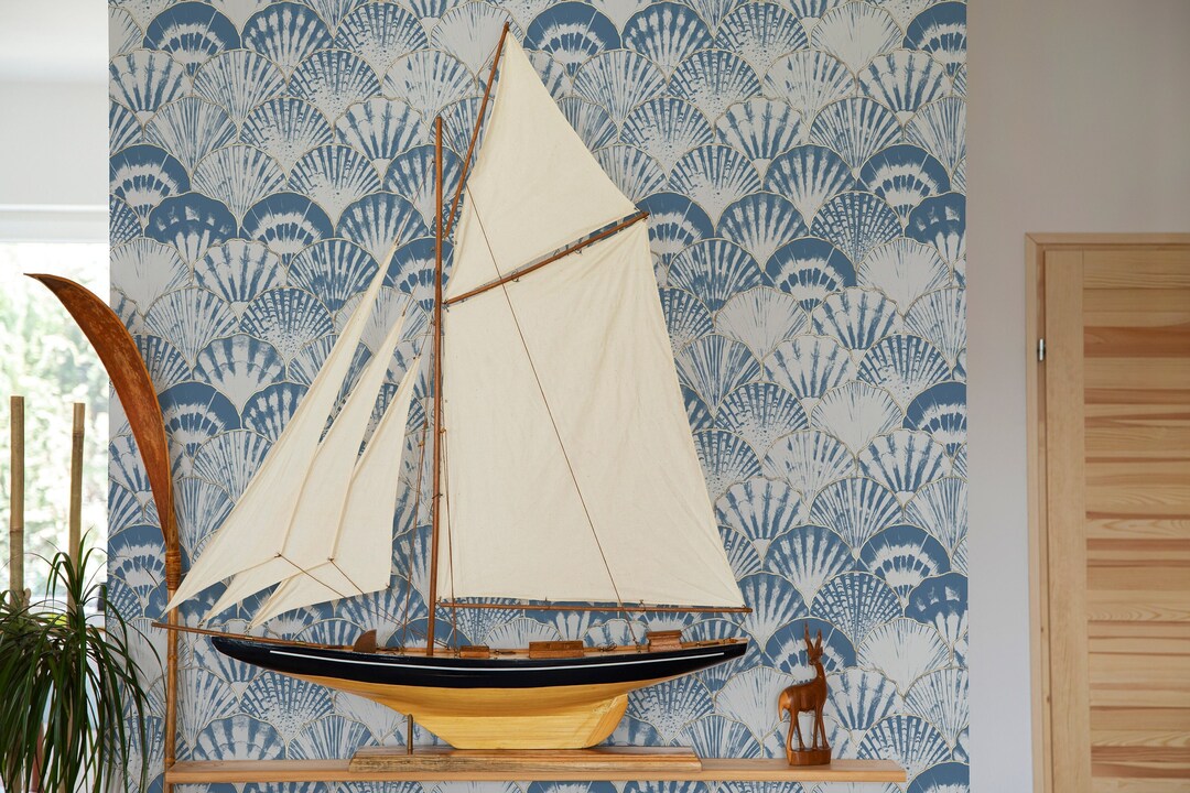 Scallop Shell Pattern Wallpaper - Blue White Gold Sea Shell Peel and ...