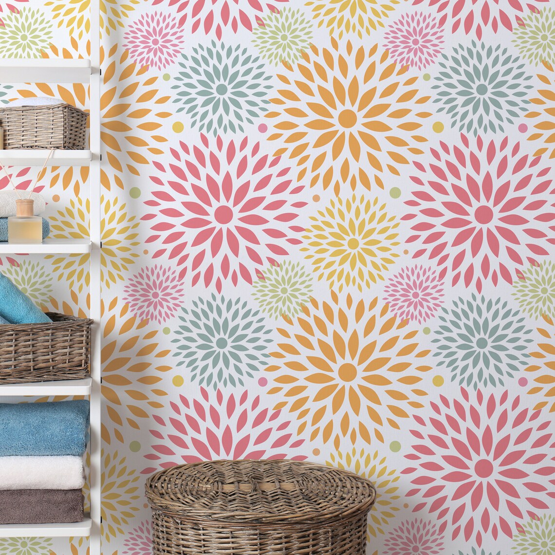 Ornamental Floral Wallpaper Custom Colors Geometric Flowers - Etsy
