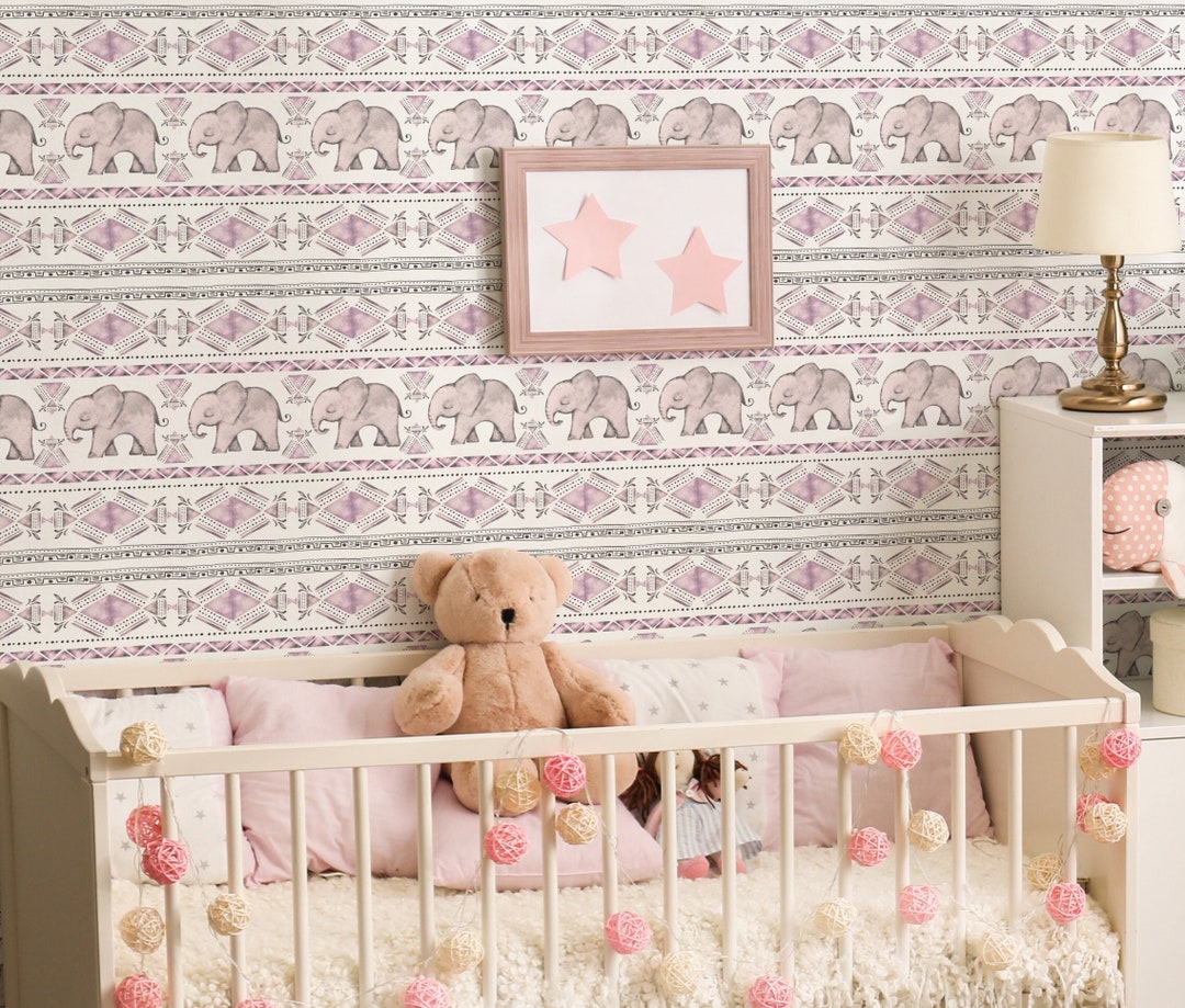 Watercolor Elephant Tribal Art Nursery Wallpaper - Ethnic Bohemian ...
