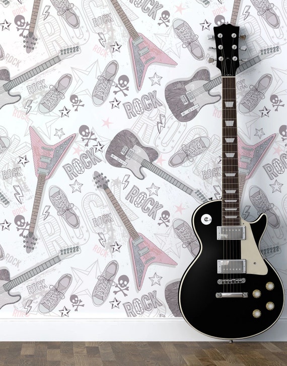 Rock and Roll Wallpaper Hand Drawn Guitars Sneakers and - Etsy