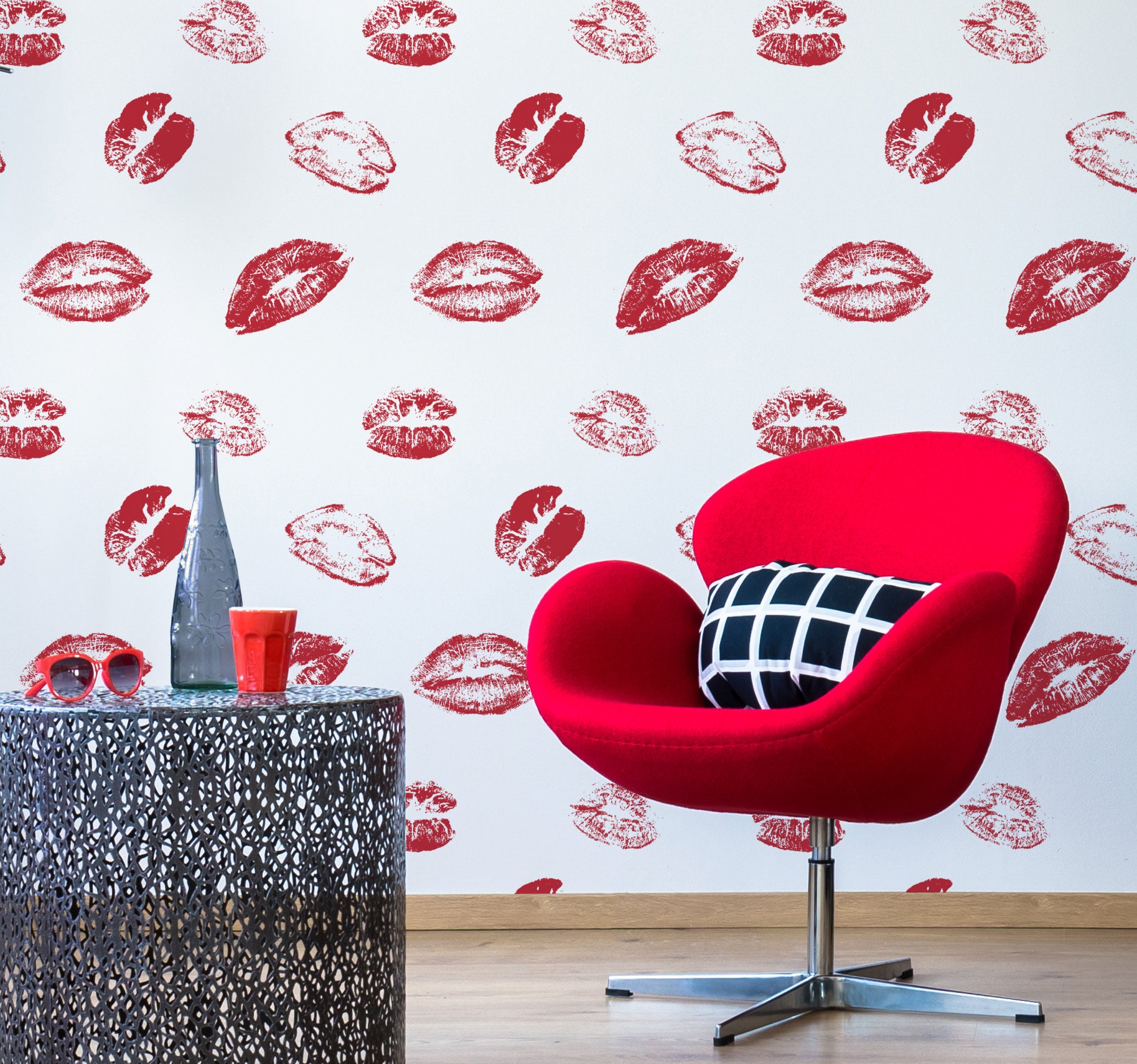Red Lipstick Imprints Wallpaper Red Lips Imprints Peel and - Etsy