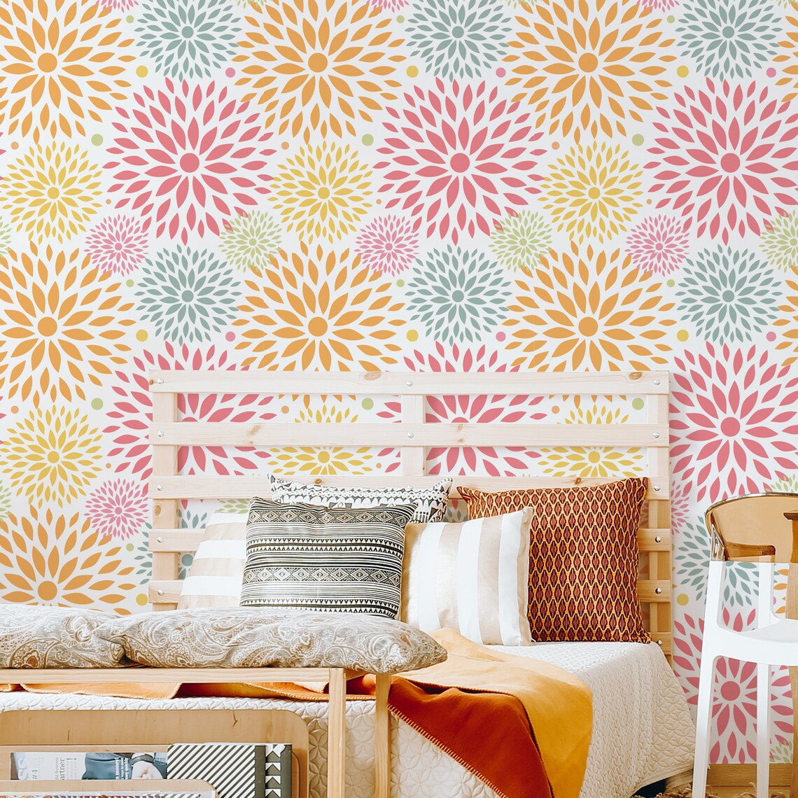 Ornamental Floral Wallpaper Custom Colors Geometric Flowers - Etsy