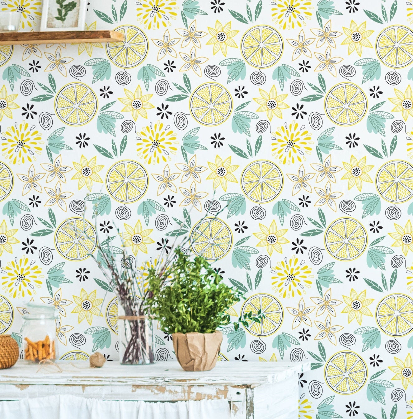 Lemon Slices Wallpaper Pastel Colors Lemons and Leaves Peel - Etsy