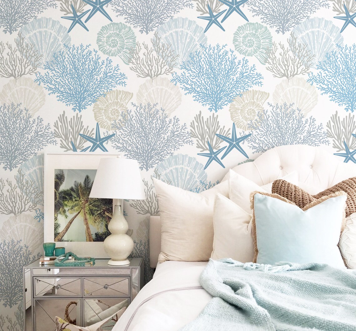 Coral Seashells Starfish Custom Color Wallpaper Seashells - Etsy