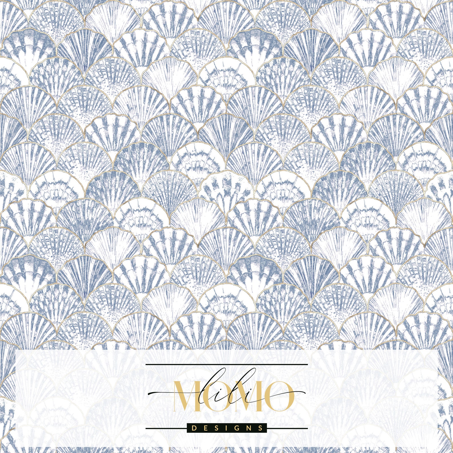 Scallop Shell Pattern Wallpaper - Blue White Gold Sea Shell Peel and ...