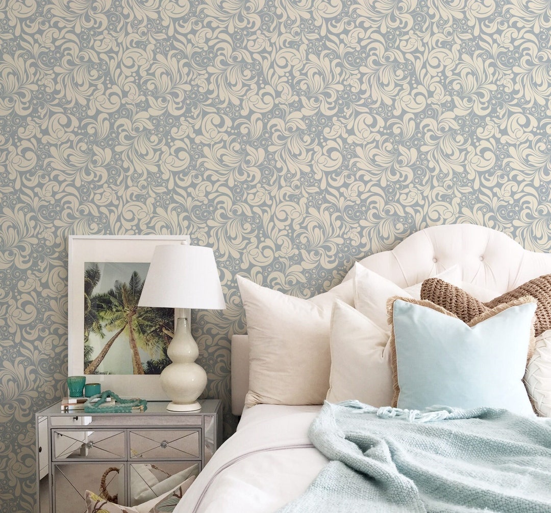 Modern Leaf Floral Scroll Pattern Peel and Stick Removable Wallpaper ...