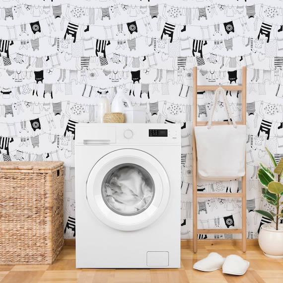 Laundry Room Wallpaper Clothes on Washing Line Peel and - Etsy