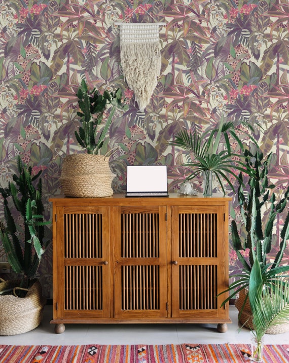 Modern Tropical Jungle Wallpaper Hand Painted Tropics and - Etsy