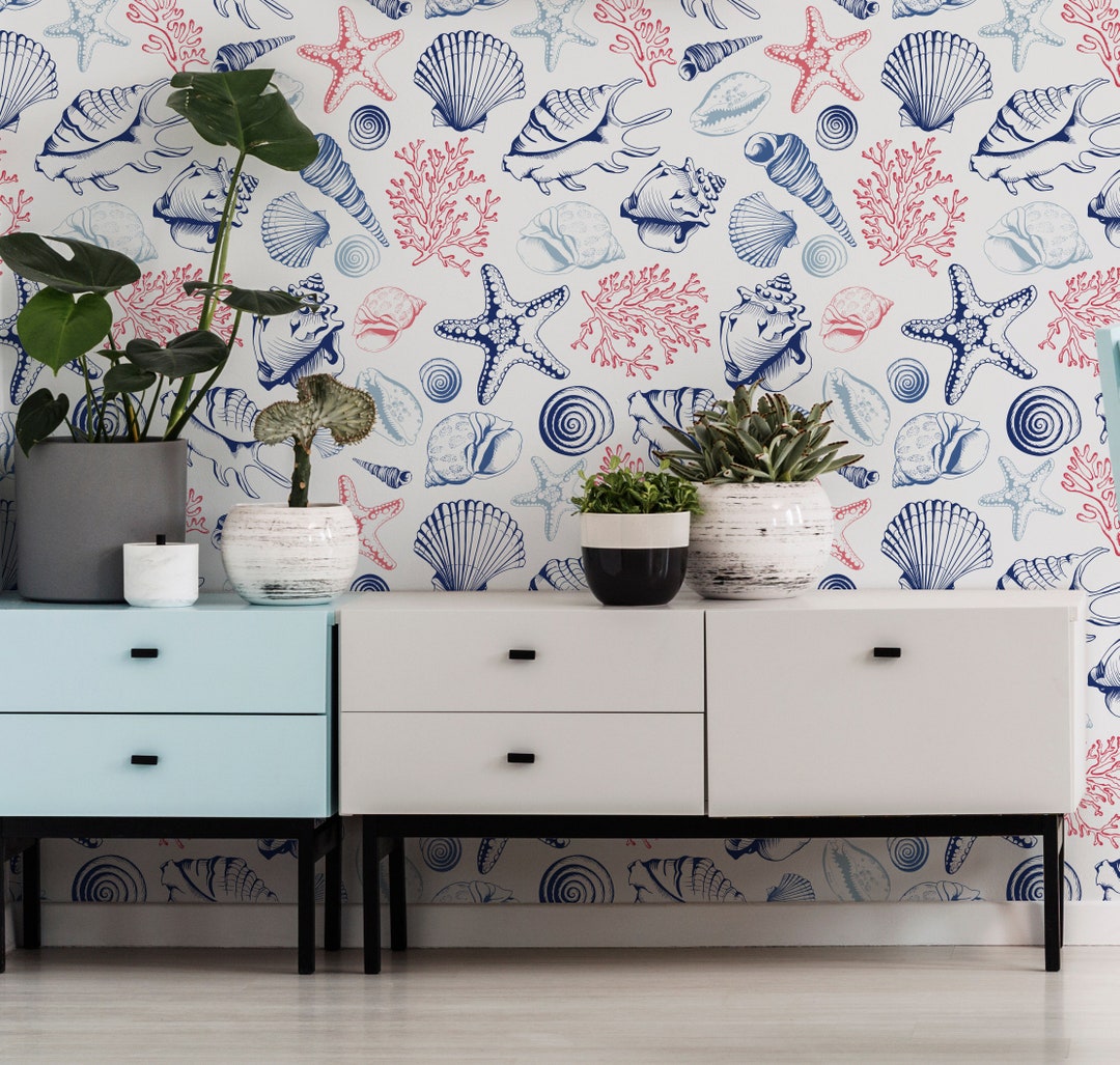 Custom Color Shell Wallpaper - Seashells, Corals and Starfish Peel and ...