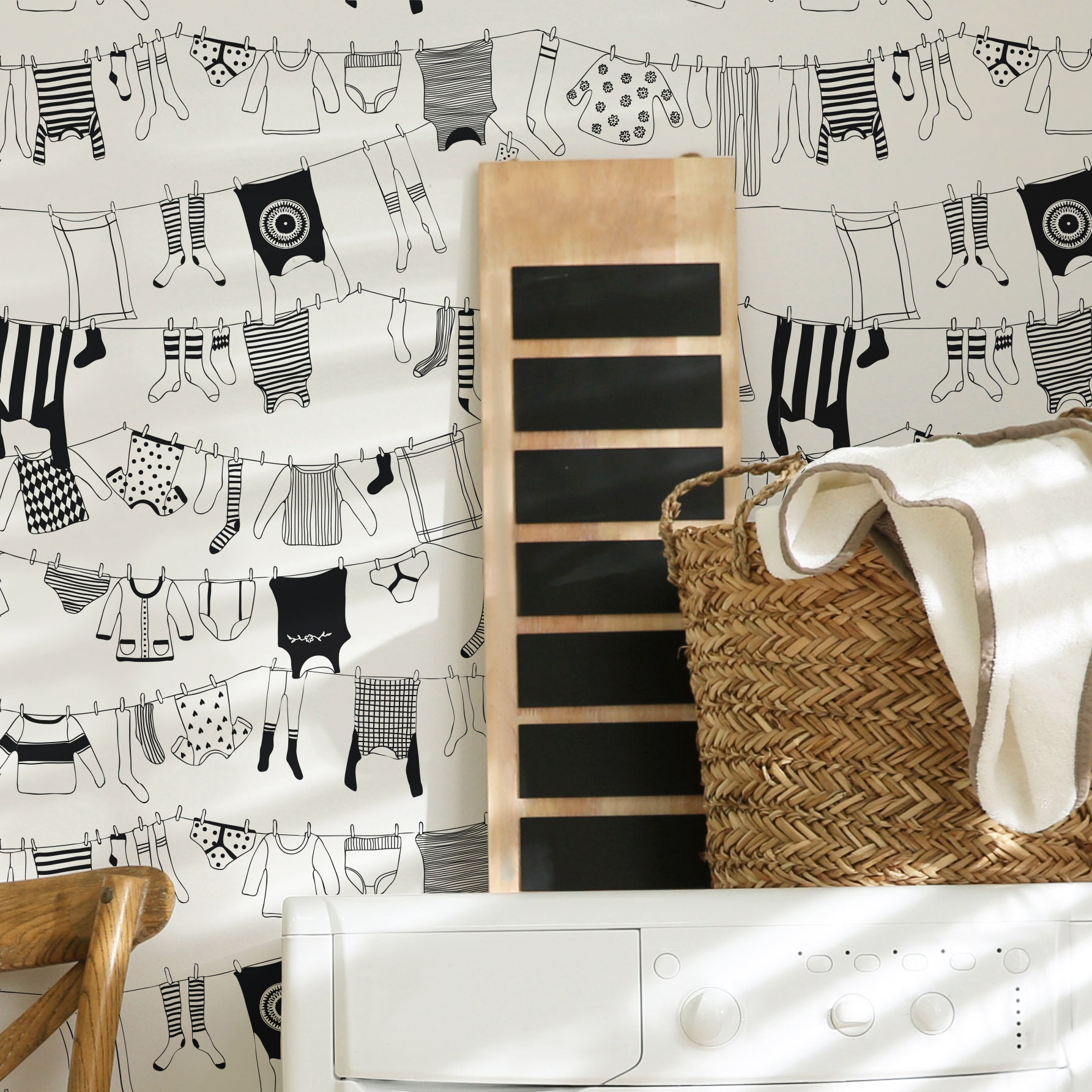 Laundry Room Wallpaper Clothes on Washing Line Peel and - Etsy