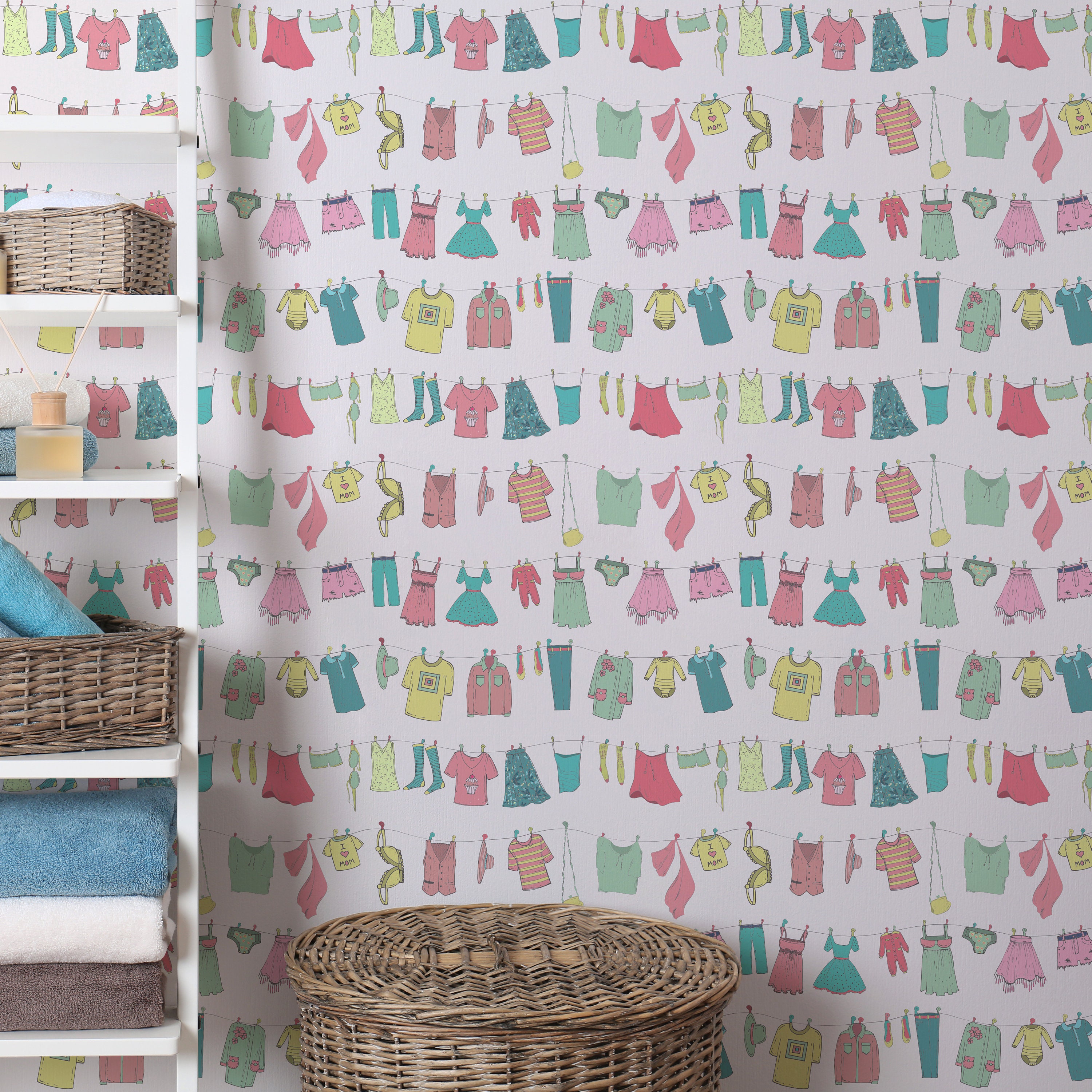 Laundry Room Wallpaper - Clothes on Washing Line Peel and Stick ...