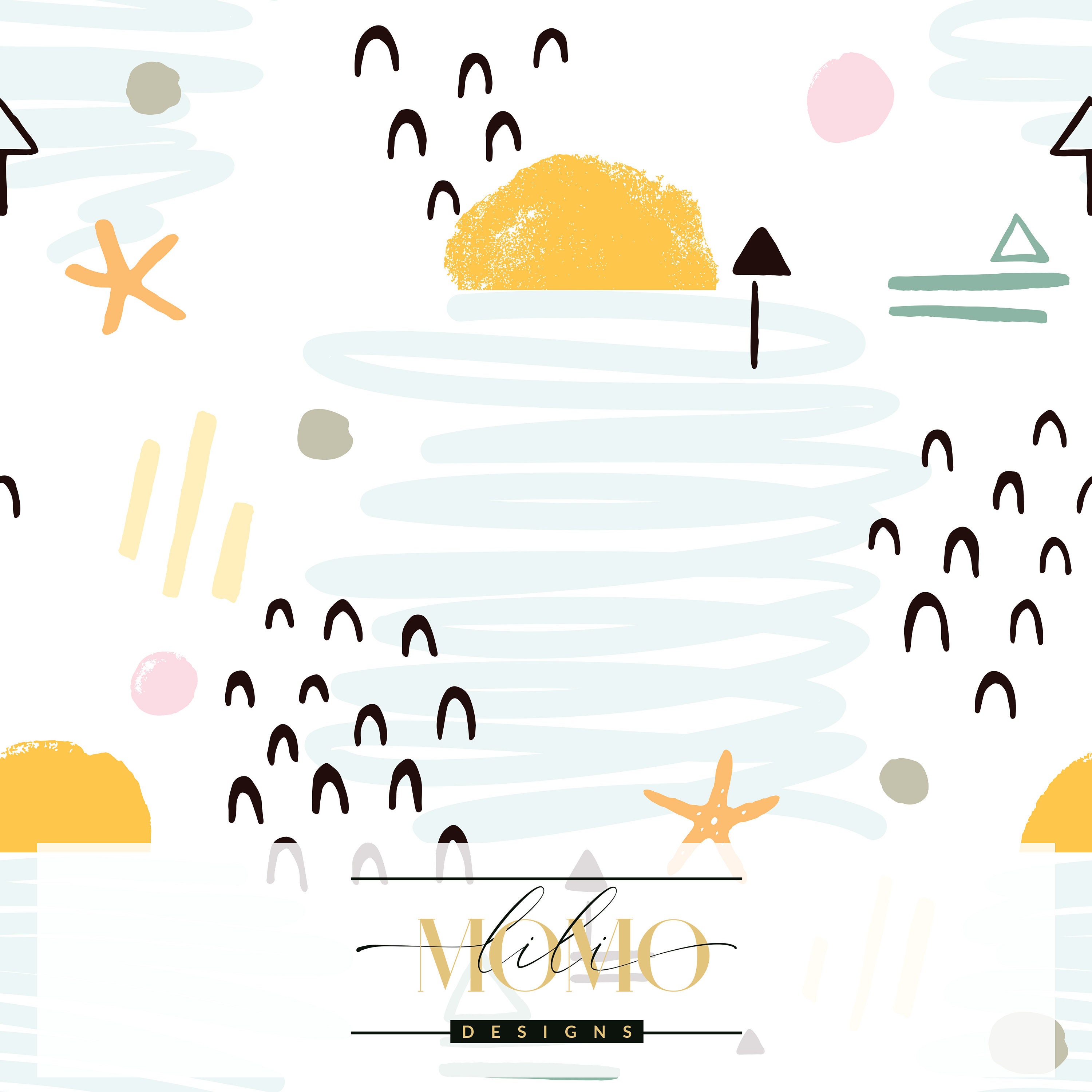Doodle Sunset on the Beach Wallpaper Cute Coastal Scene Peel - Etsy