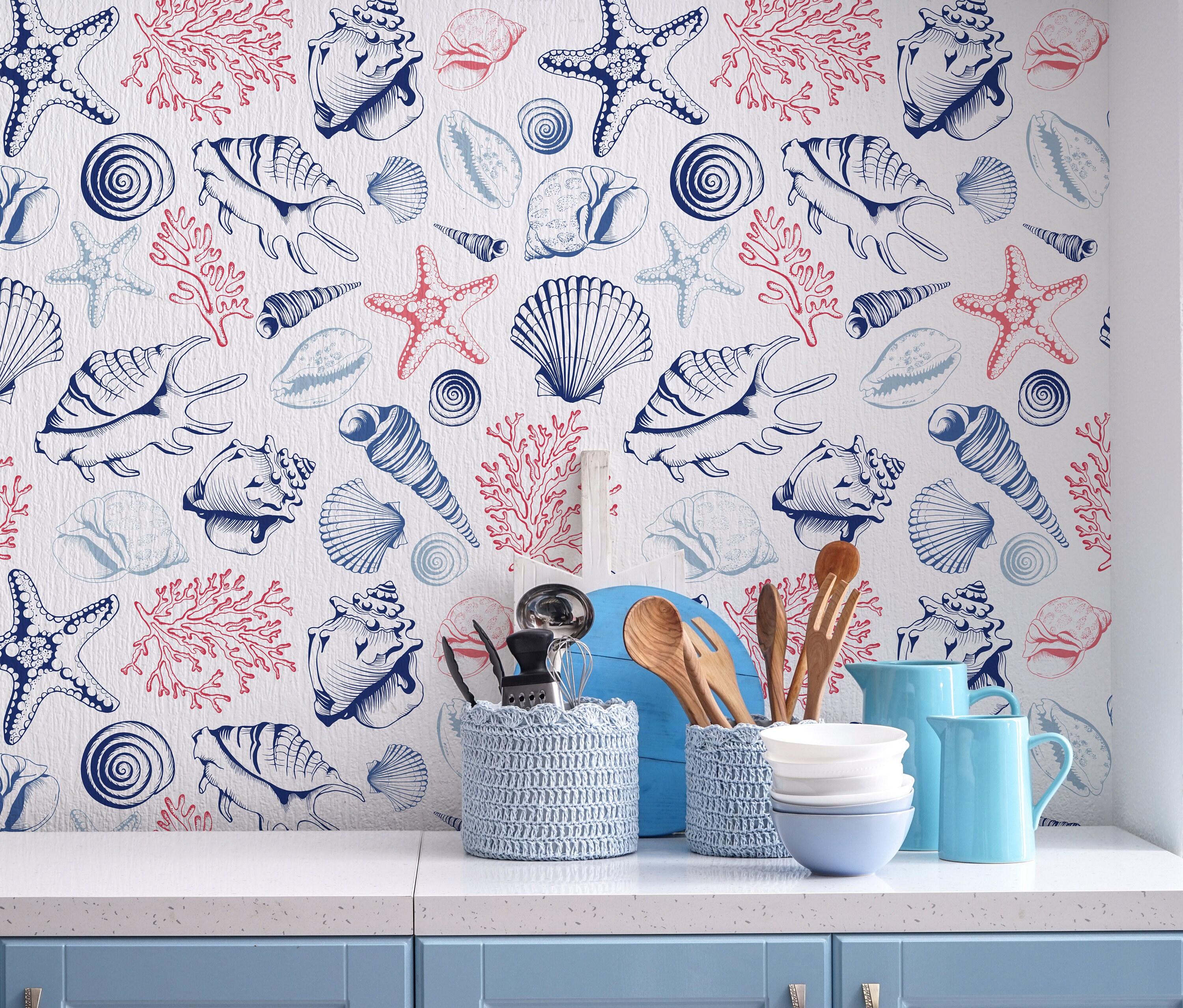 Custom Color Shell Wallpaper - Seashells, Corals and Starfish Peel and ...