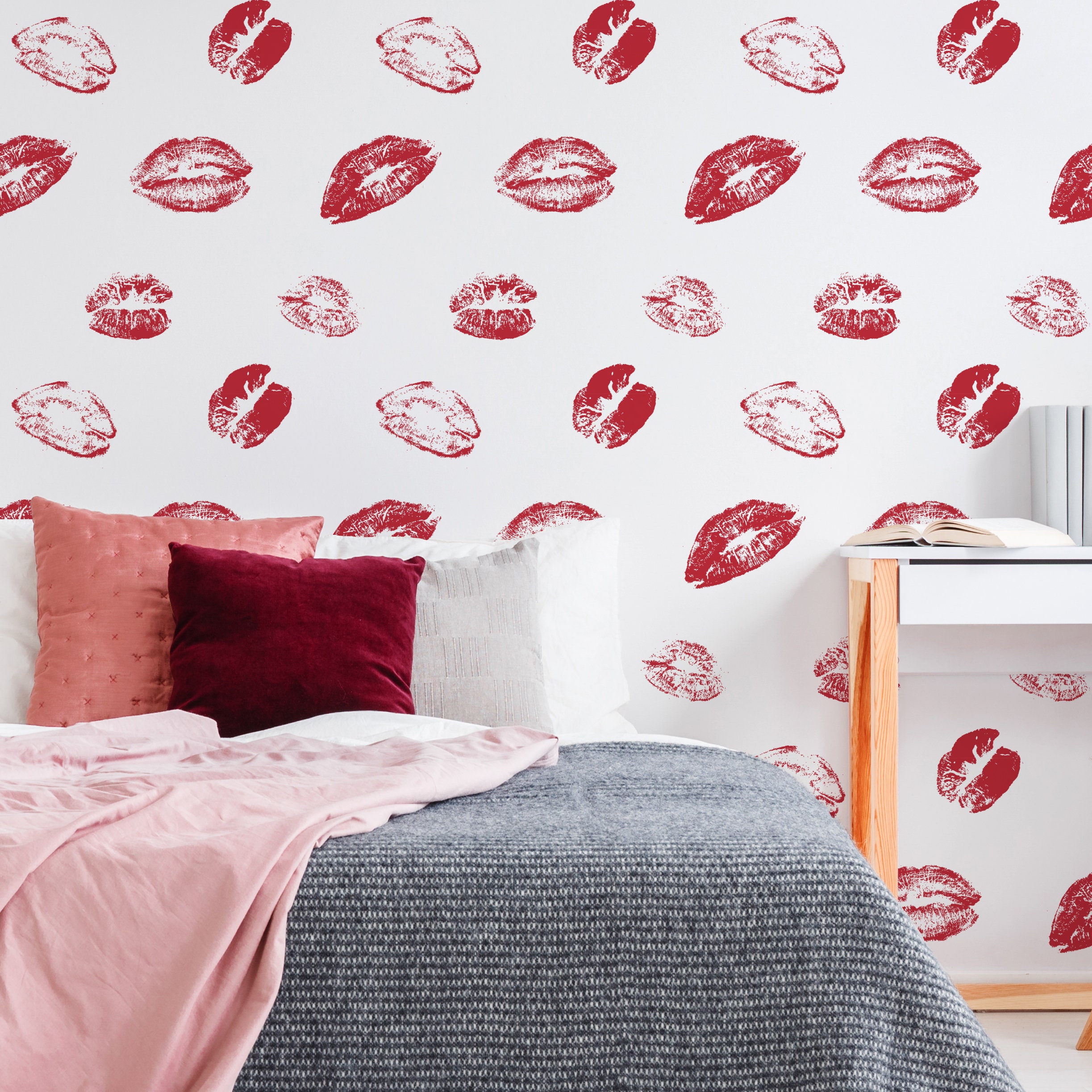 Red Lipstick Imprints Wallpaper Red Lips Imprints Peel and - Etsy