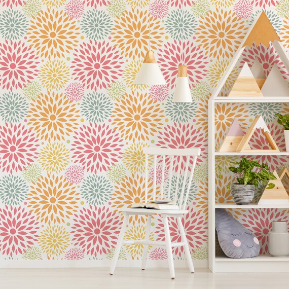 Ornamental Floral Wallpaper Custom Colors Geometric Flowers - Etsy