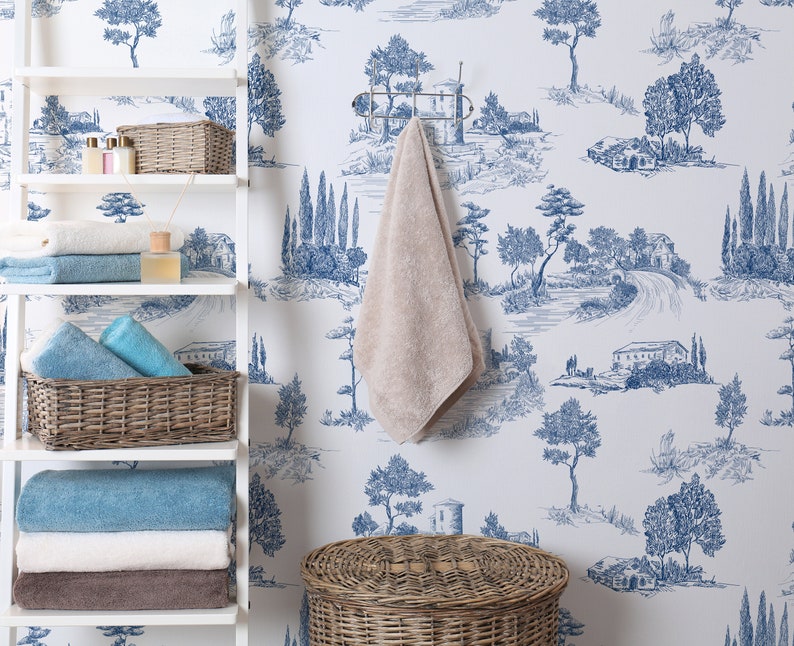 Blue Toile Countryside Wallpaper - Vintage French Blue Toile Peel and ...