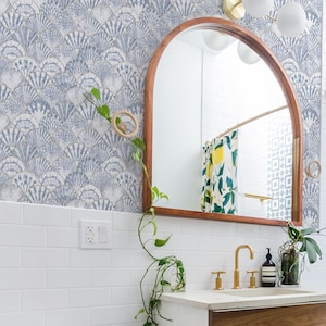 Scallop Shell Pattern Wallpaper - Blue White Gold Sea Shell Peel and ...