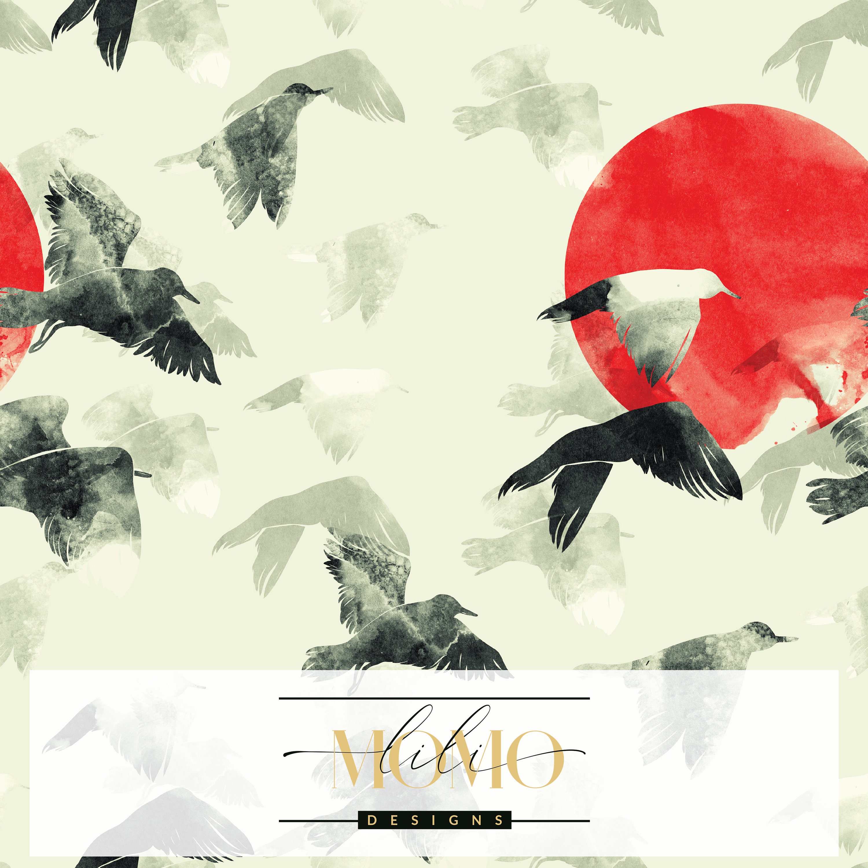 Abstract Japanese Birds Wallpaper Hand Drawn Birds and Sun - Etsy