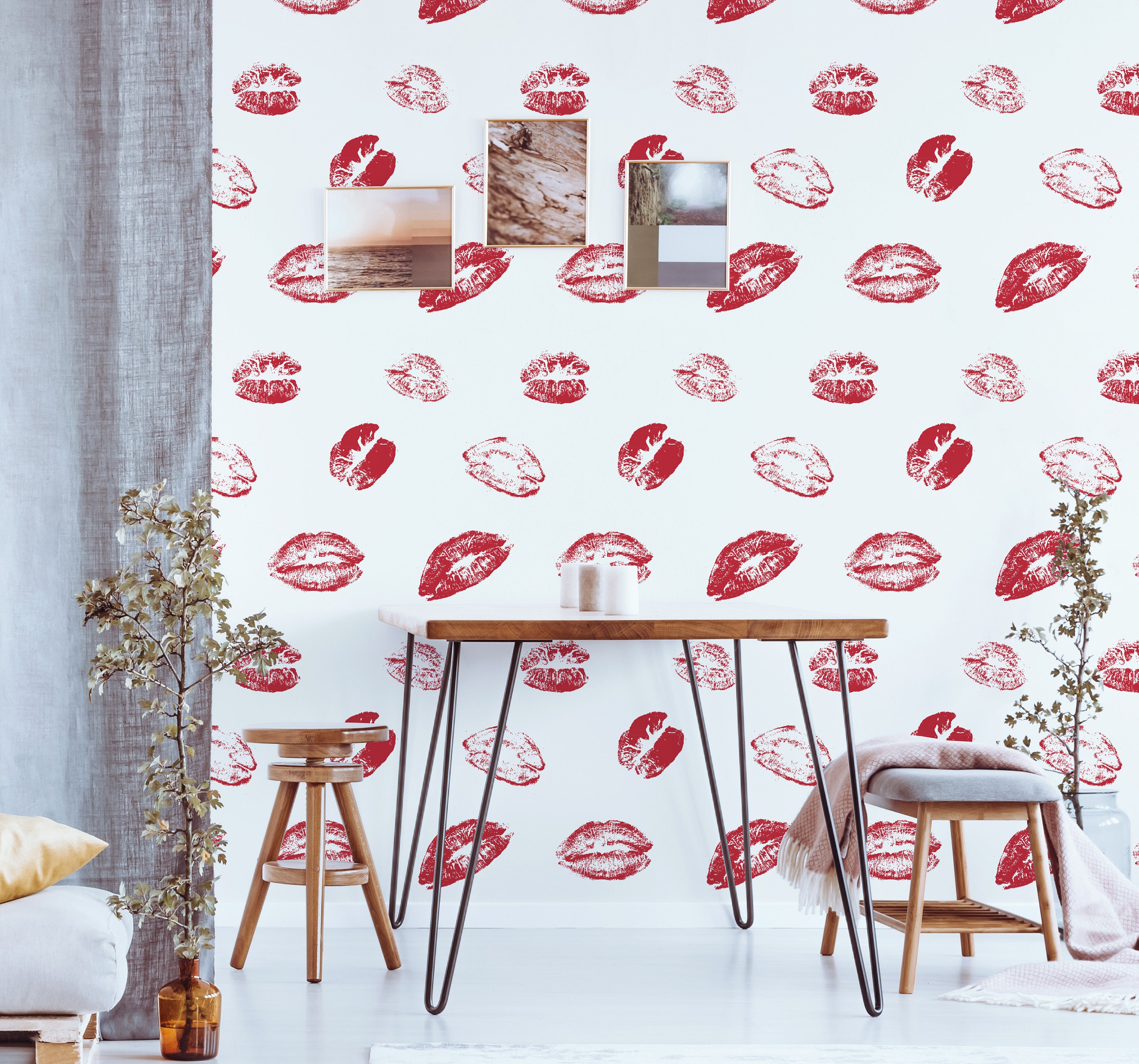 Red Lipstick Imprints Wallpaper Red Lips Imprints Peel and - Etsy