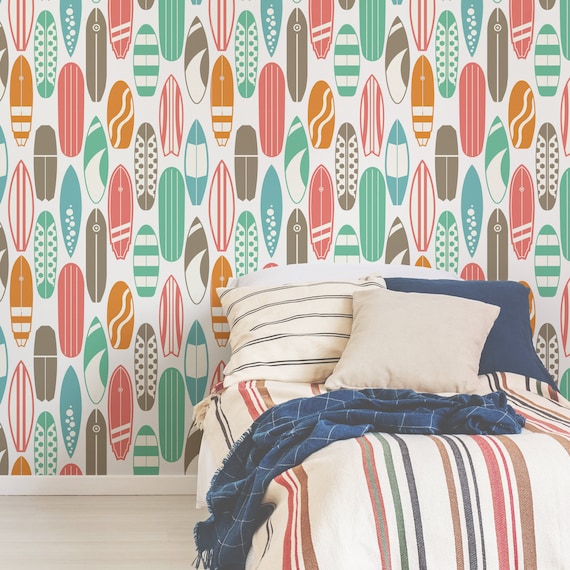 Surfing Theme Wallpaper Retro Colors Surfboards Peel and - Etsy