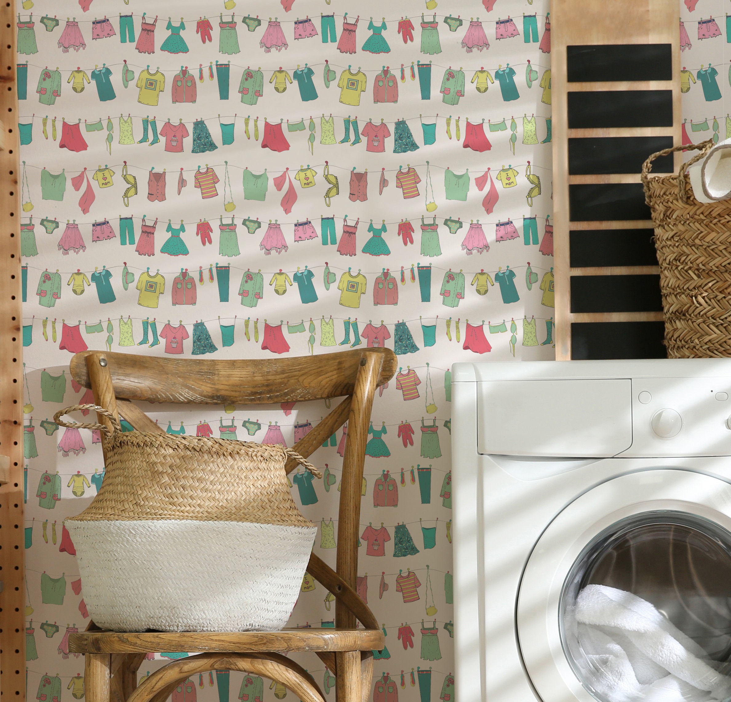 Laundry Room Wallpaper - Clothes on Washing Line Peel and Stick ...