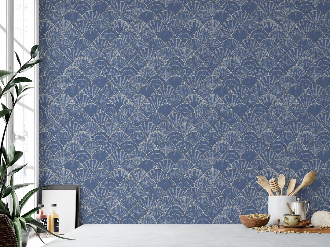 Scallop Shell Pattern Wallpaper - Blue White Gold Sea Shell Peel and ...