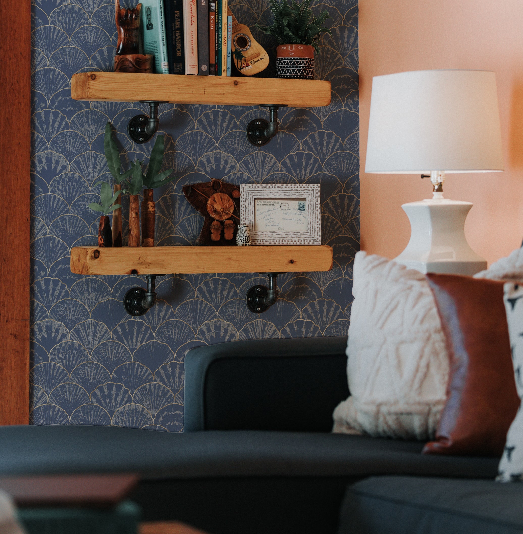 Scallop Shell Pattern Wallpaper - Blue White Gold Sea Shell Peel and ...