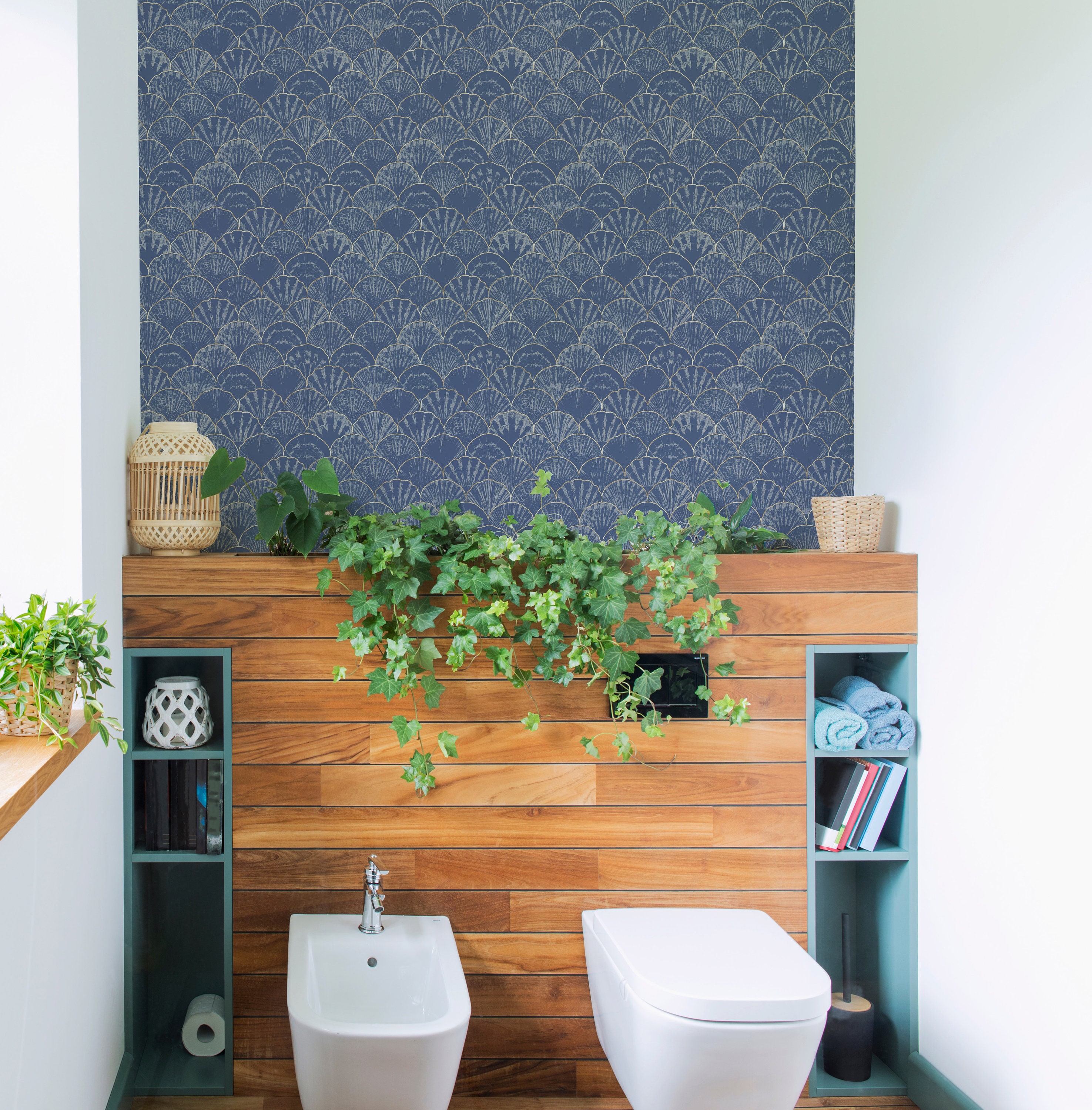 Scallop Shell Pattern Wallpaper - Blue White Gold Sea Shell Peel and ...