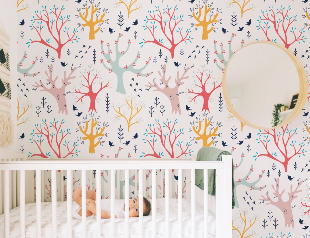 Colorful Trees and Birds Wallpaper - Colorful Forest and Birds Peel and ...