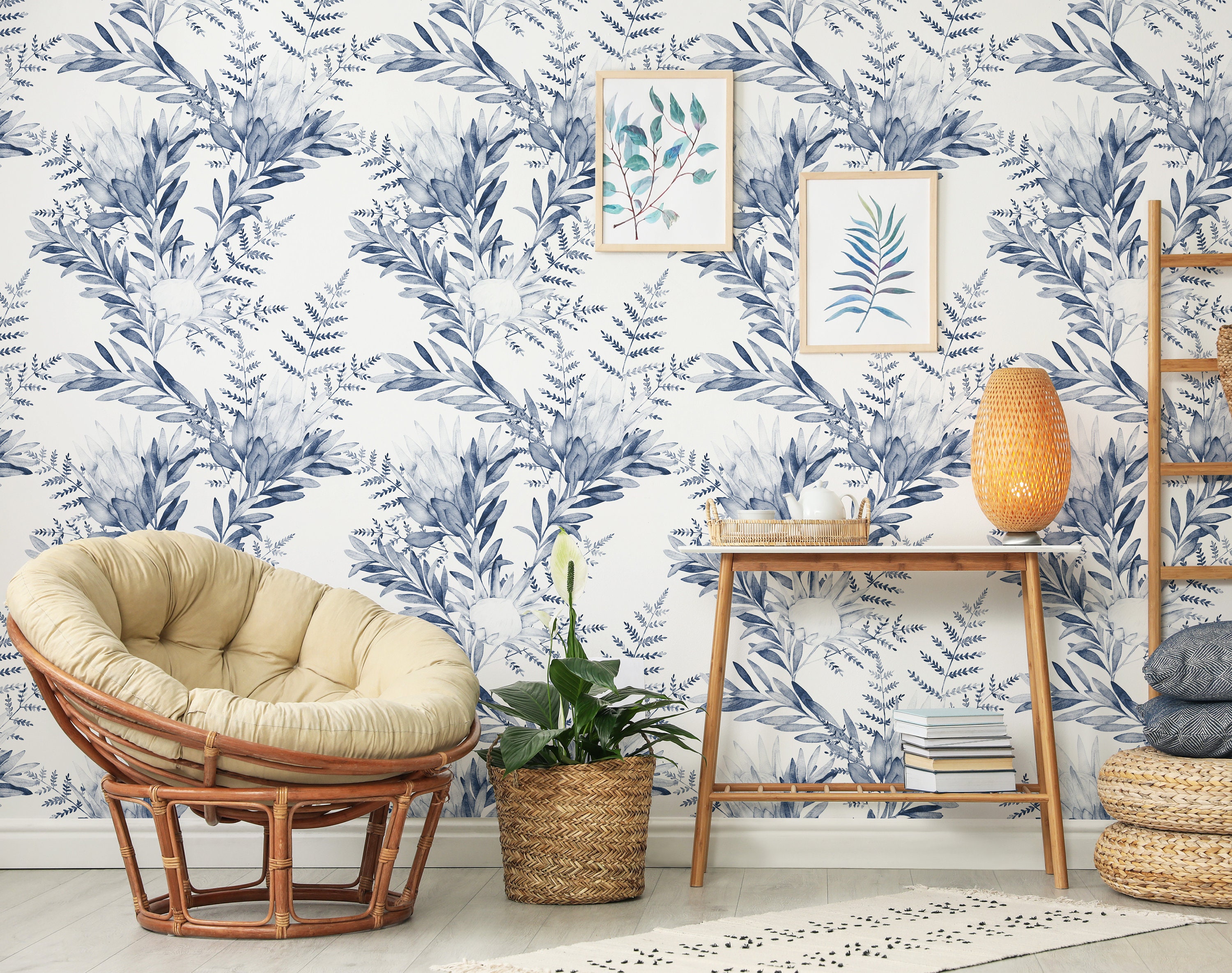 Abstract Blue Floral Wallpaper blue Flowers on Grunge | Etsy