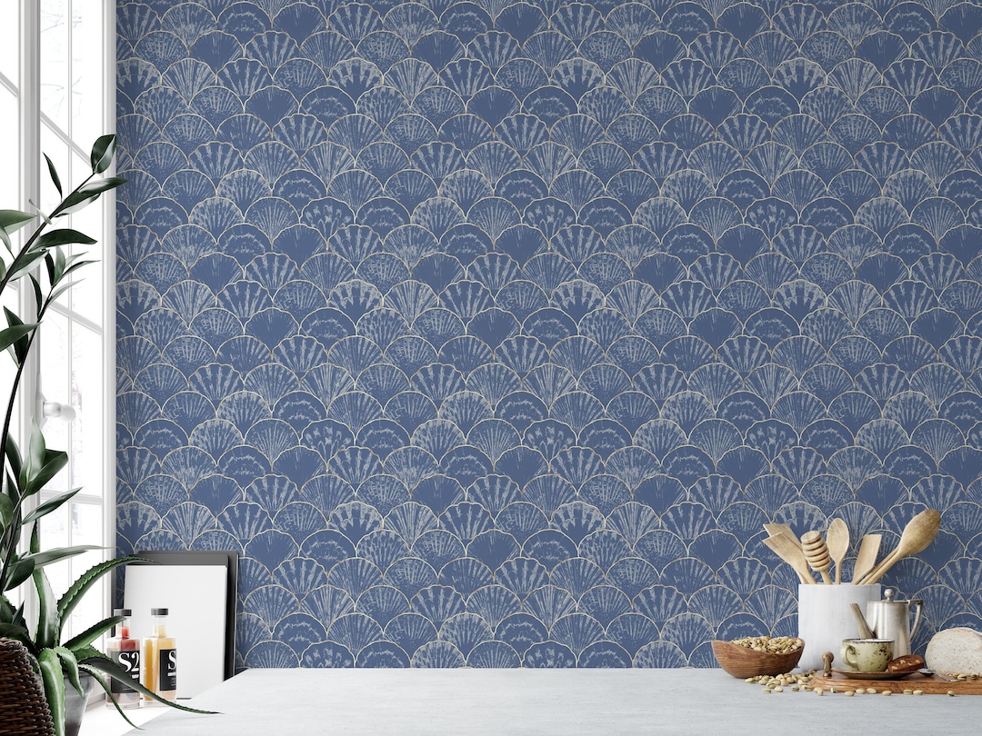 Scallop Shell Pattern Wallpaper Blue White Gold Sea Shell - Etsy