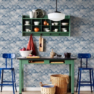 Scallop Shell Pattern Wallpaper - Blue White Gold Sea Shell Peel and ...